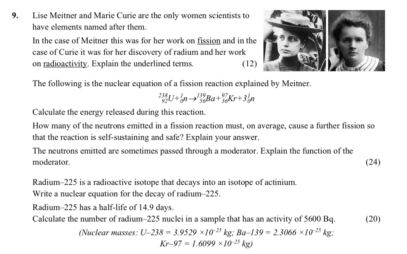 Leaving Cert Physics Nuclear Energy: Lise Meitner and Marie Curie are