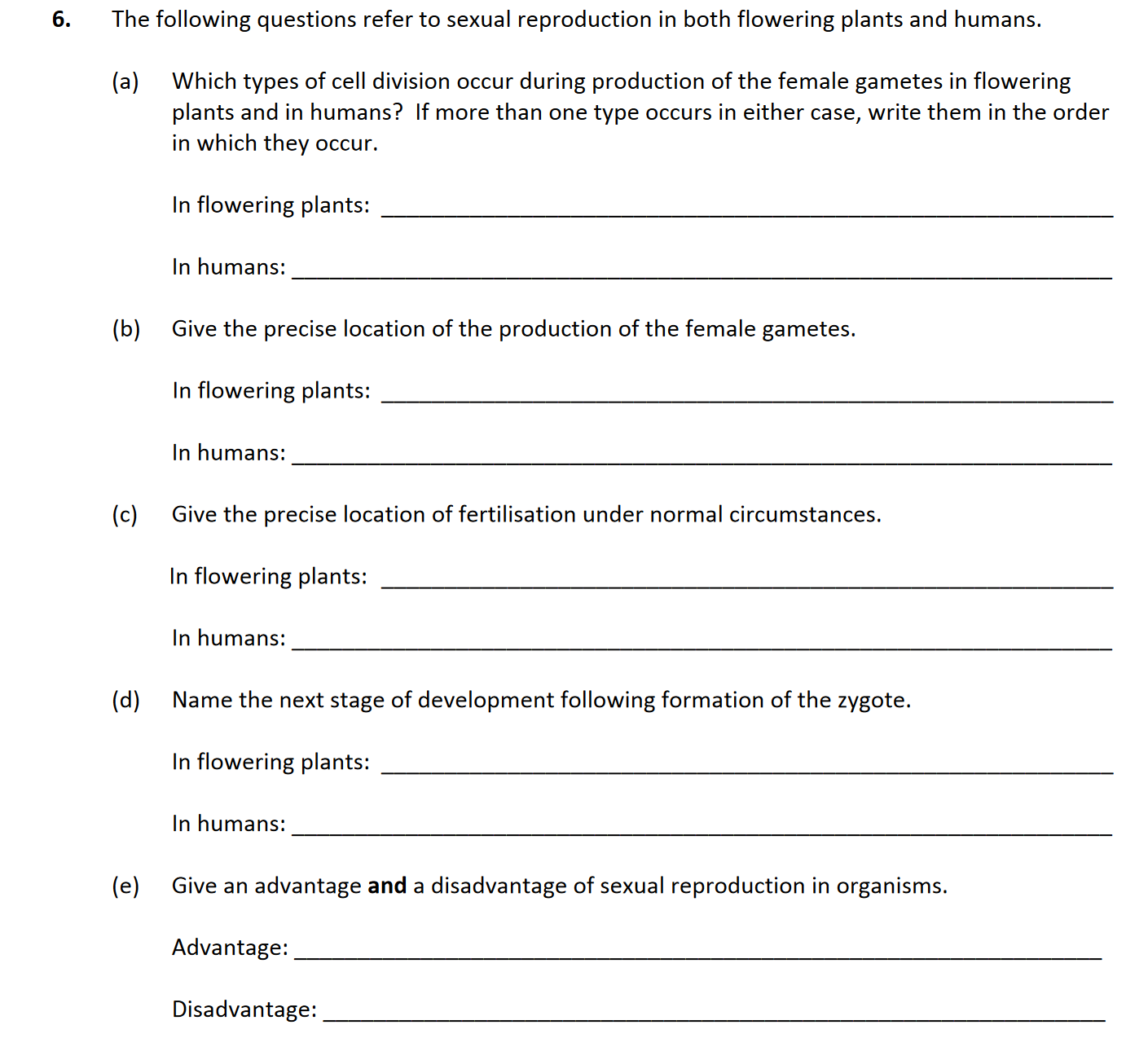 Leaving Cert Biology Plant Reproduction: The following questions refer to
