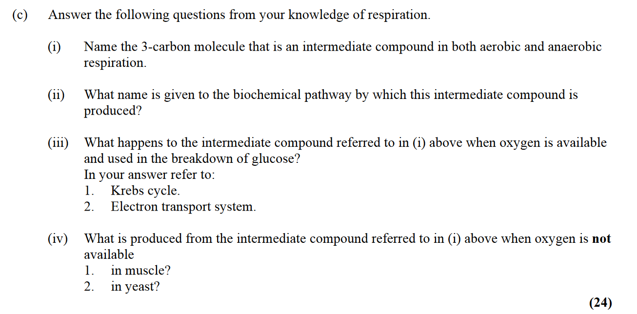 Leaving Cert Biology Respiration: Answer the following questions f
