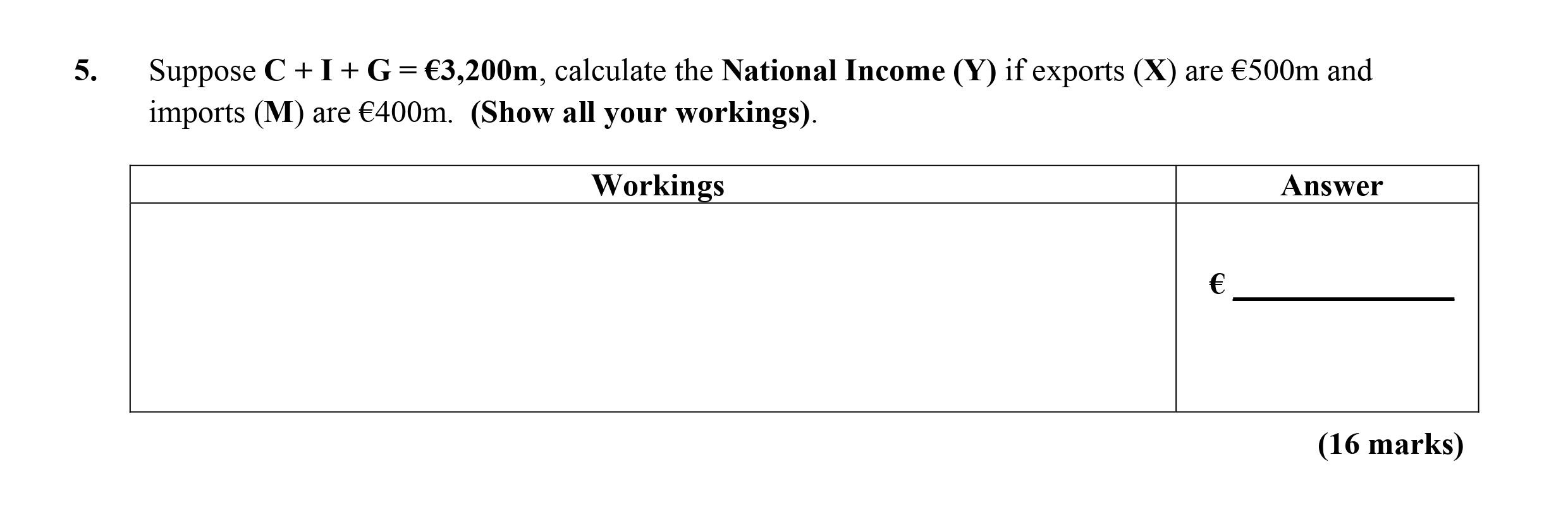 Leaving Cert Economics Formulas: Suppose C + I + G = €3,200m, cal