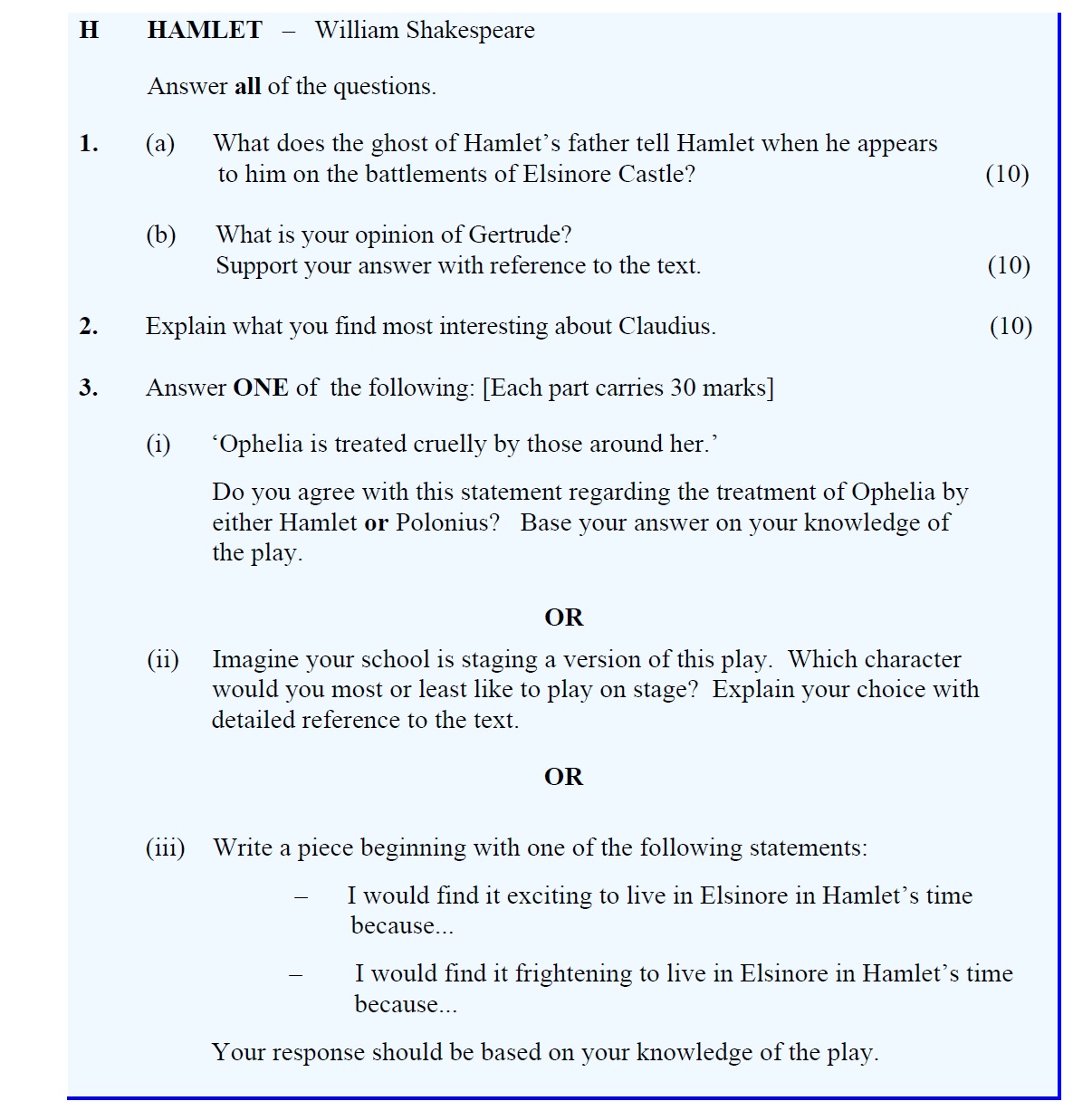 Leaving Cert English Hamlet: hamlet – william shakespeare answer all