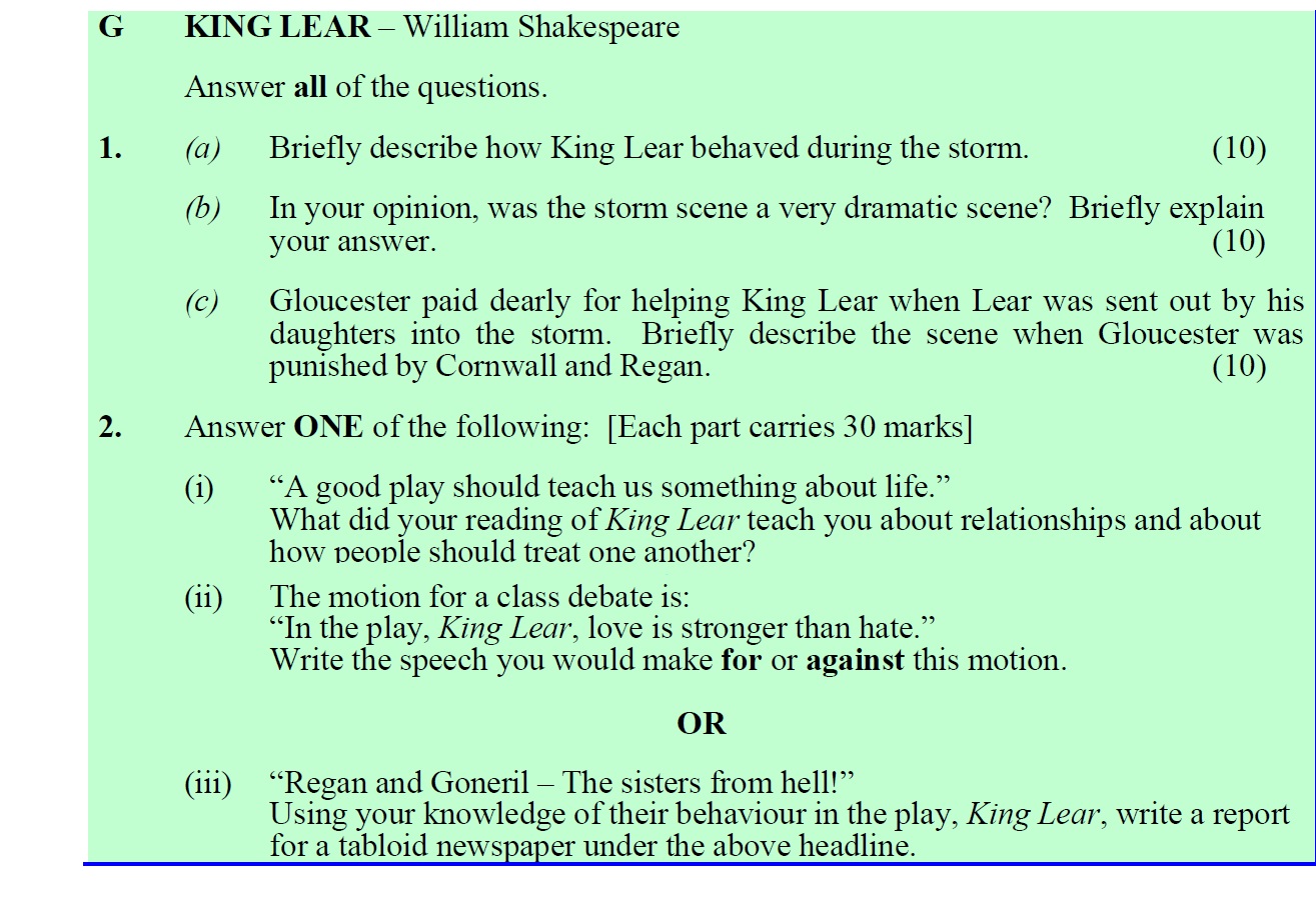Leaving Cert English King Lear ( 2021 ): 1. (a) Briefly describe how King