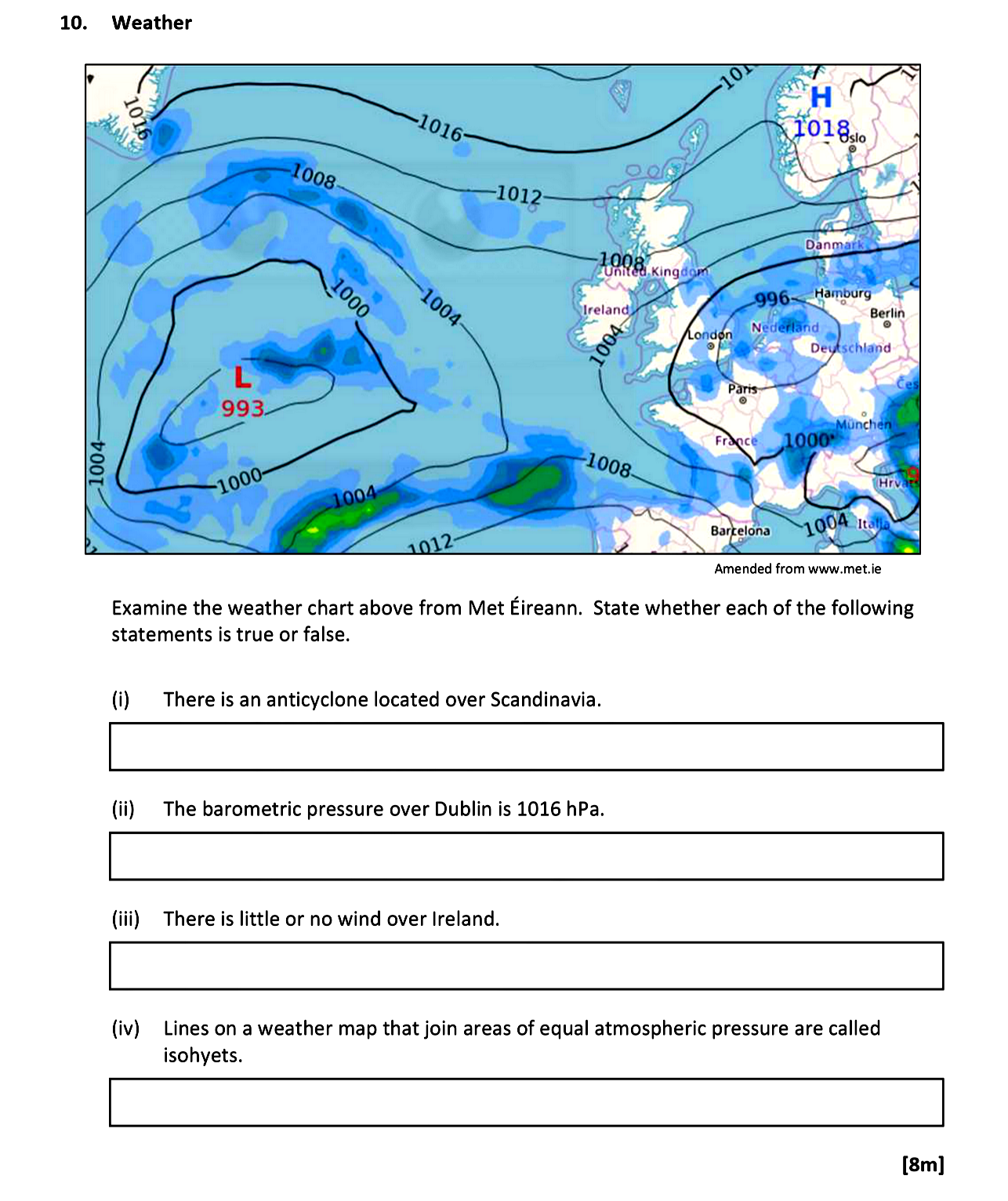 Leaving Cert Geography Weather & Climate: Examine the weather chart above