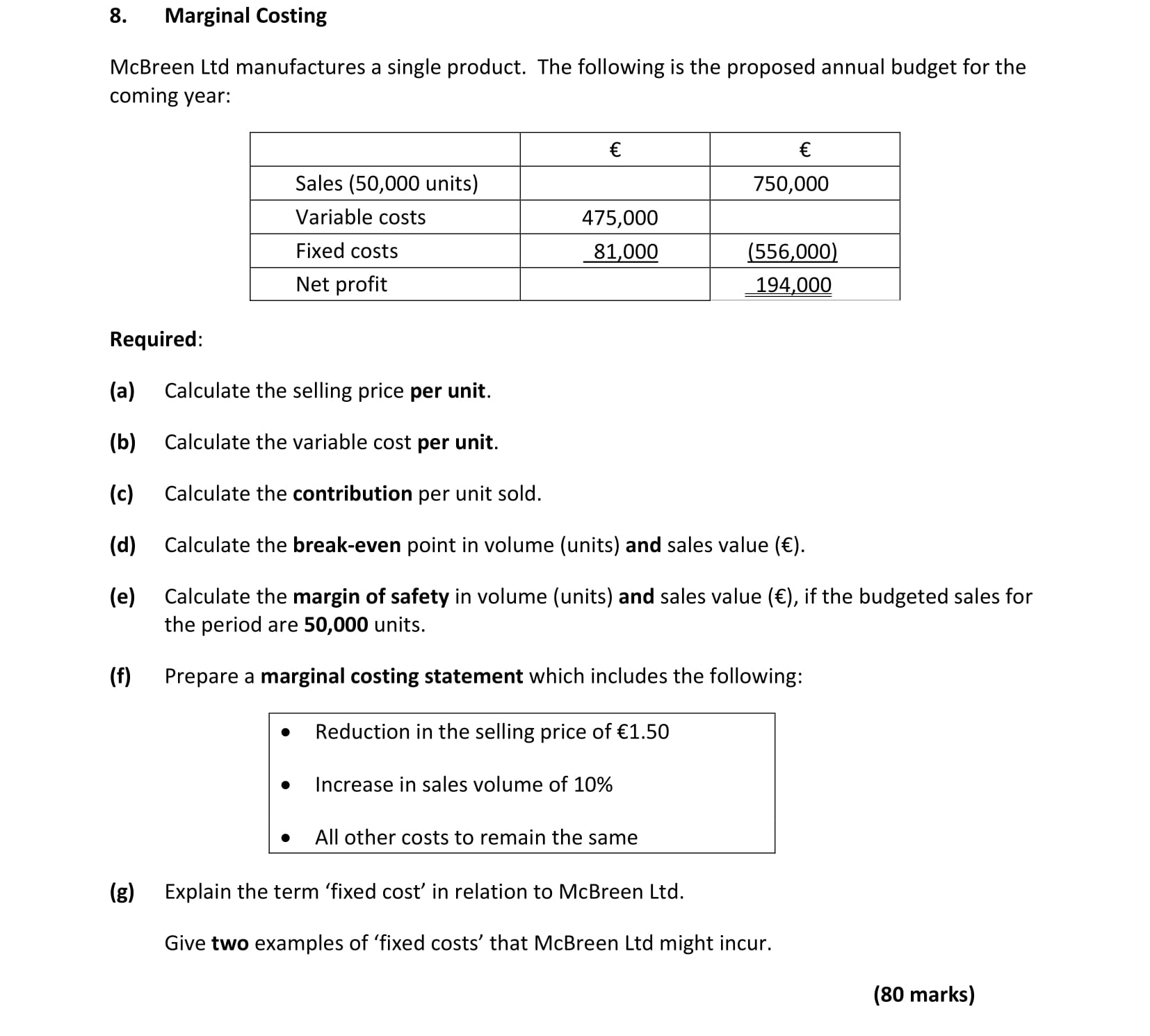 Leaving Cert Accounting Costing - Marginal: Marginal Costing McBreen Ltd ma