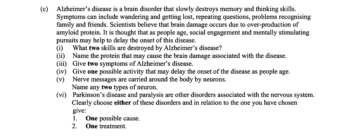 Leaving Cert Biology Eye/Ear & Nervous System: Alzheimer's disease is a ...