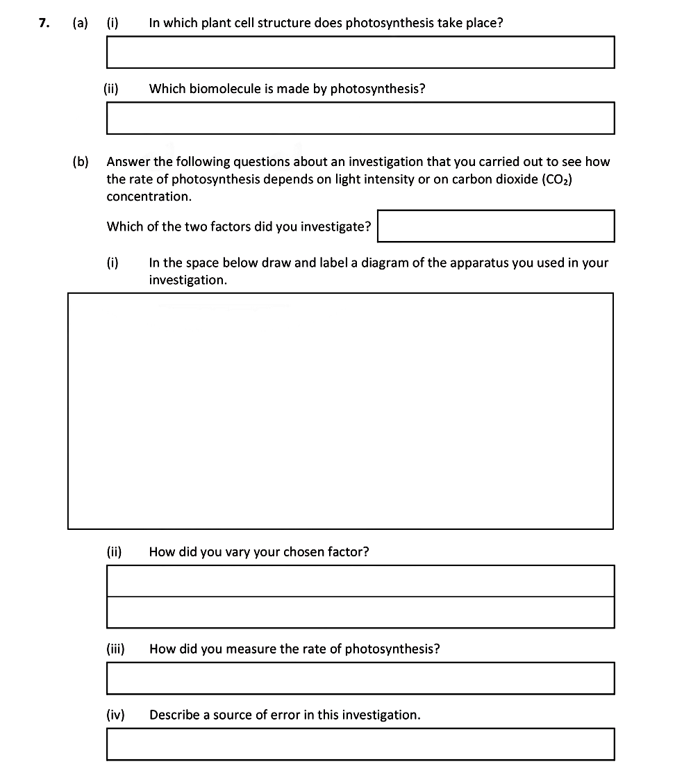 Leaving Cert Biology Photosynthesis: (a) (i) In which plant cell stru