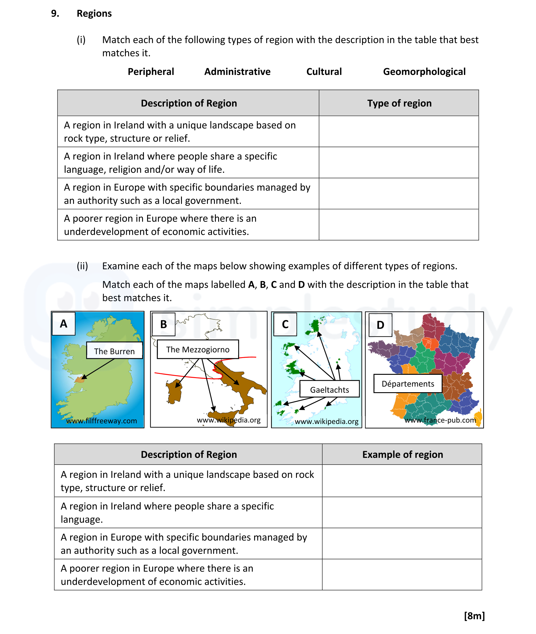 Leaving Cert Geography REGIONS - Continental: regions (i) match each of ...