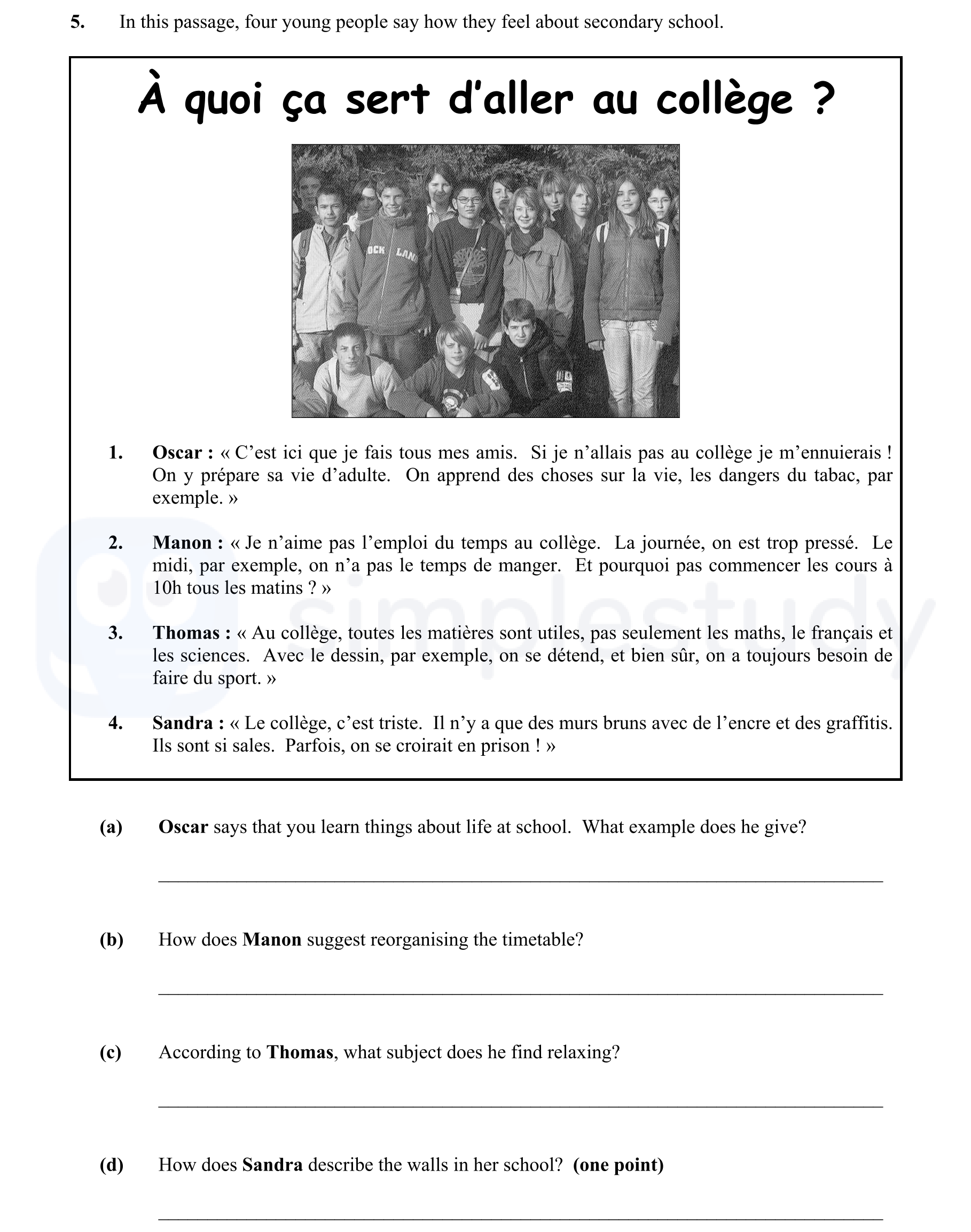 Junior Cycle French (Old Course) Reading Comprehension: In this passage ...