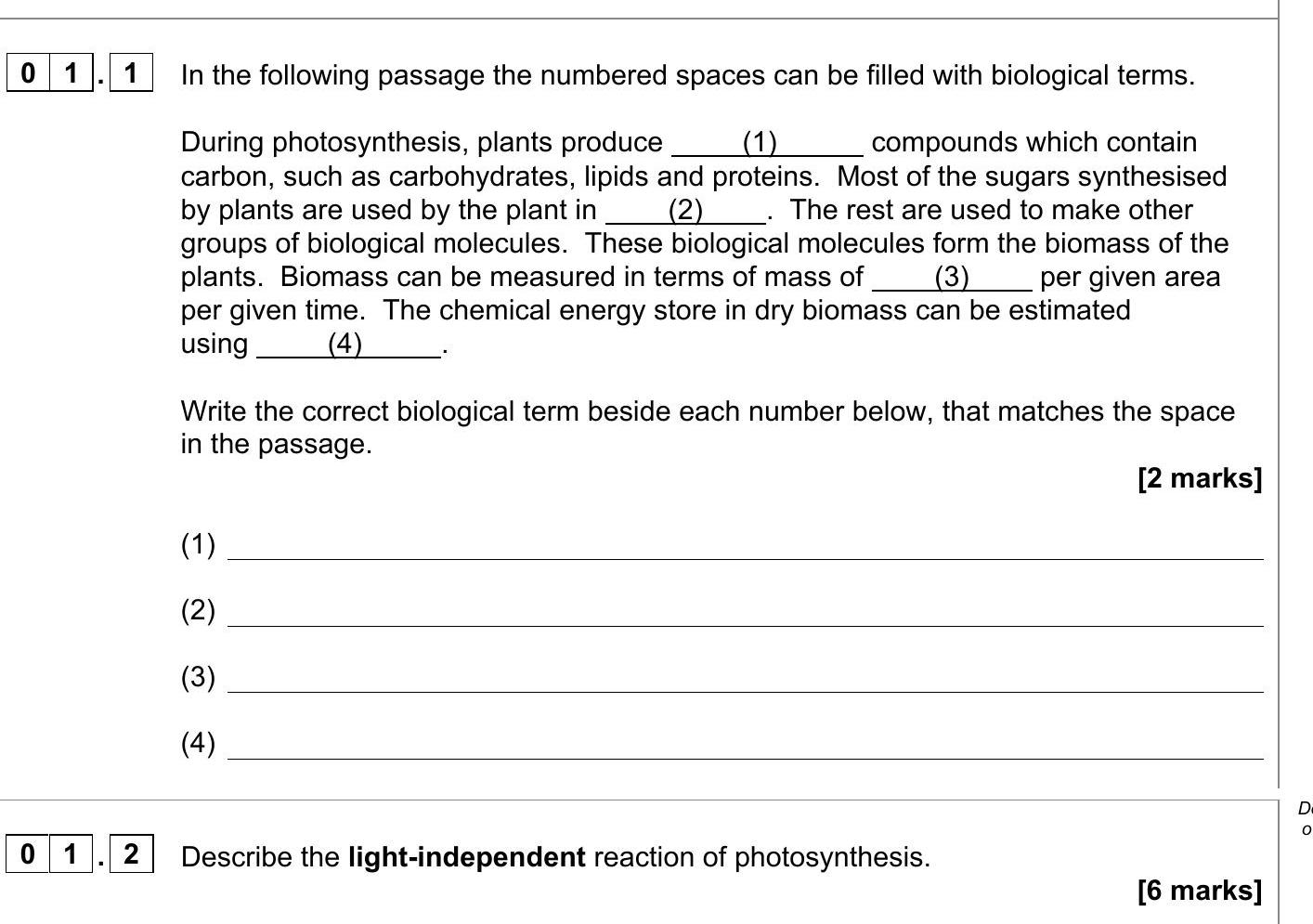 A-Level AQA Biology Photosynthesis (A Level only): In the following ...