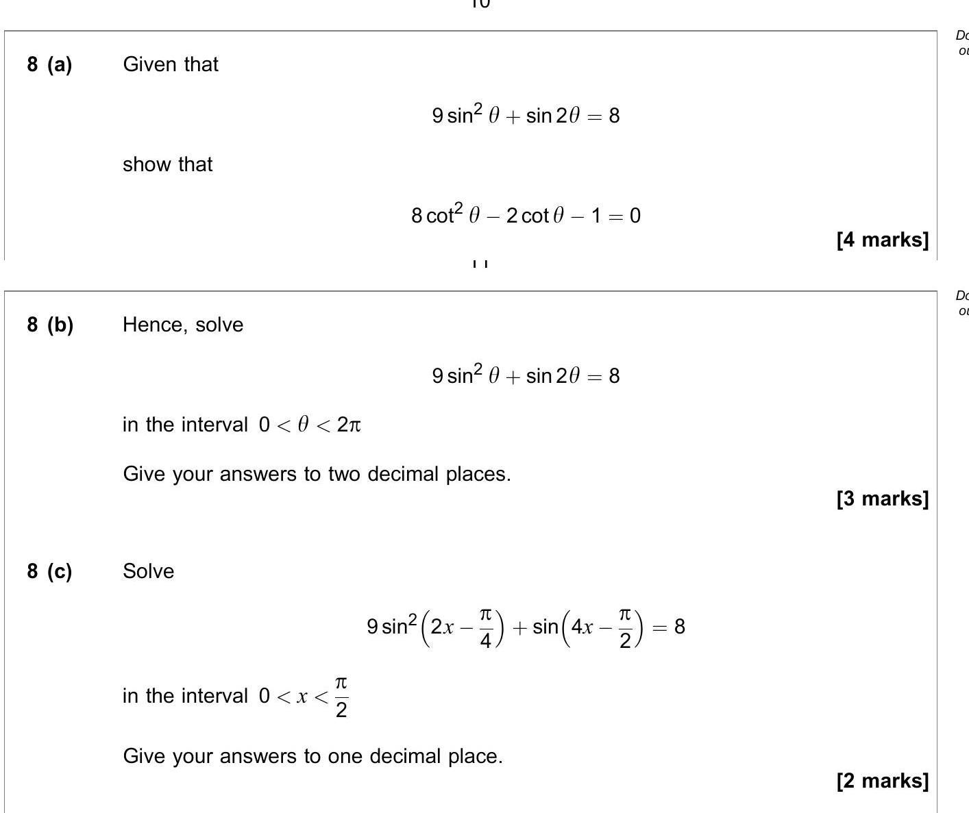 A-Level AQA Maths Mechanics Quantities, Units & Modelling: 8 (a) Given that 9 sin² θ + sin