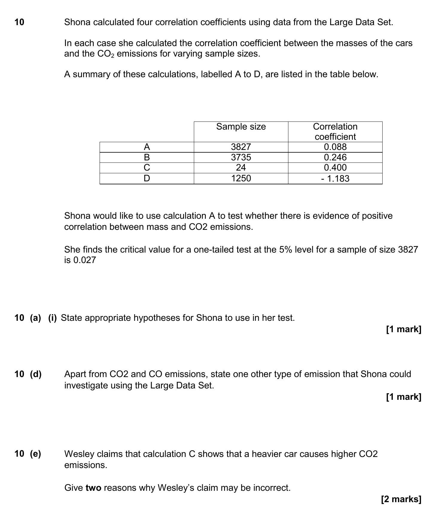 A-Level AQA Maths Mechanics 1.1 Quantities, Units & Modelling: Shona calculated four correlatio