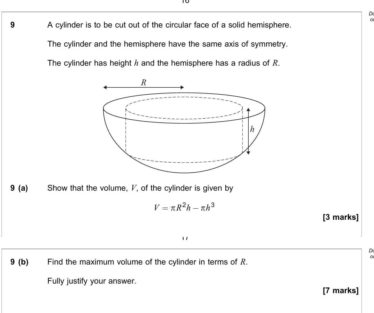 A-Level AQA Maths Pure Differentiation: A cylinder is to be cut out of t