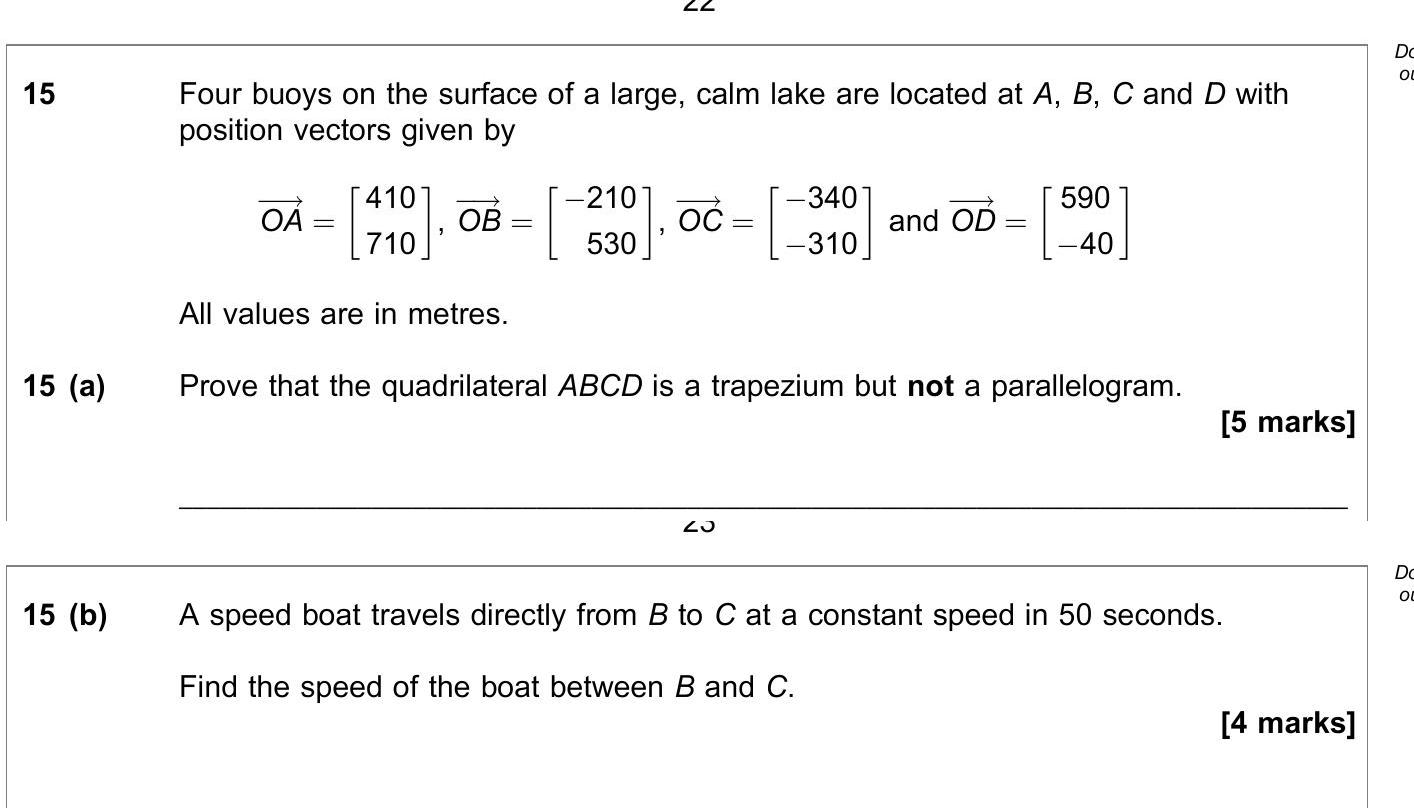 A-Level AQA Maths Pure Vectors in 2 Dimensions: Four buoys on the surface of a l