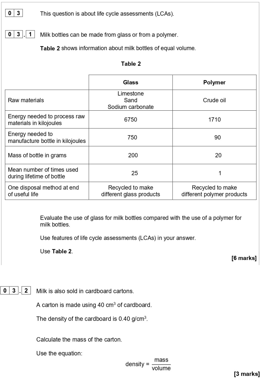 GCSE AQA Chemistry Life Cycle Analysis & Recycling: Milk bottles can be ...