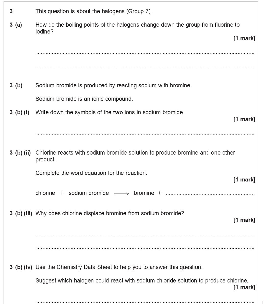 GCSE AQA Chemistry The Periodic Table: This question is about the halog