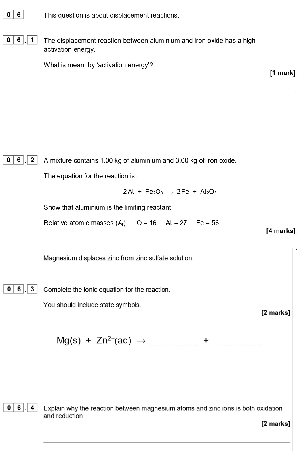 GCSE AQA Chemistry Rate of Reaction: This question is about displacem