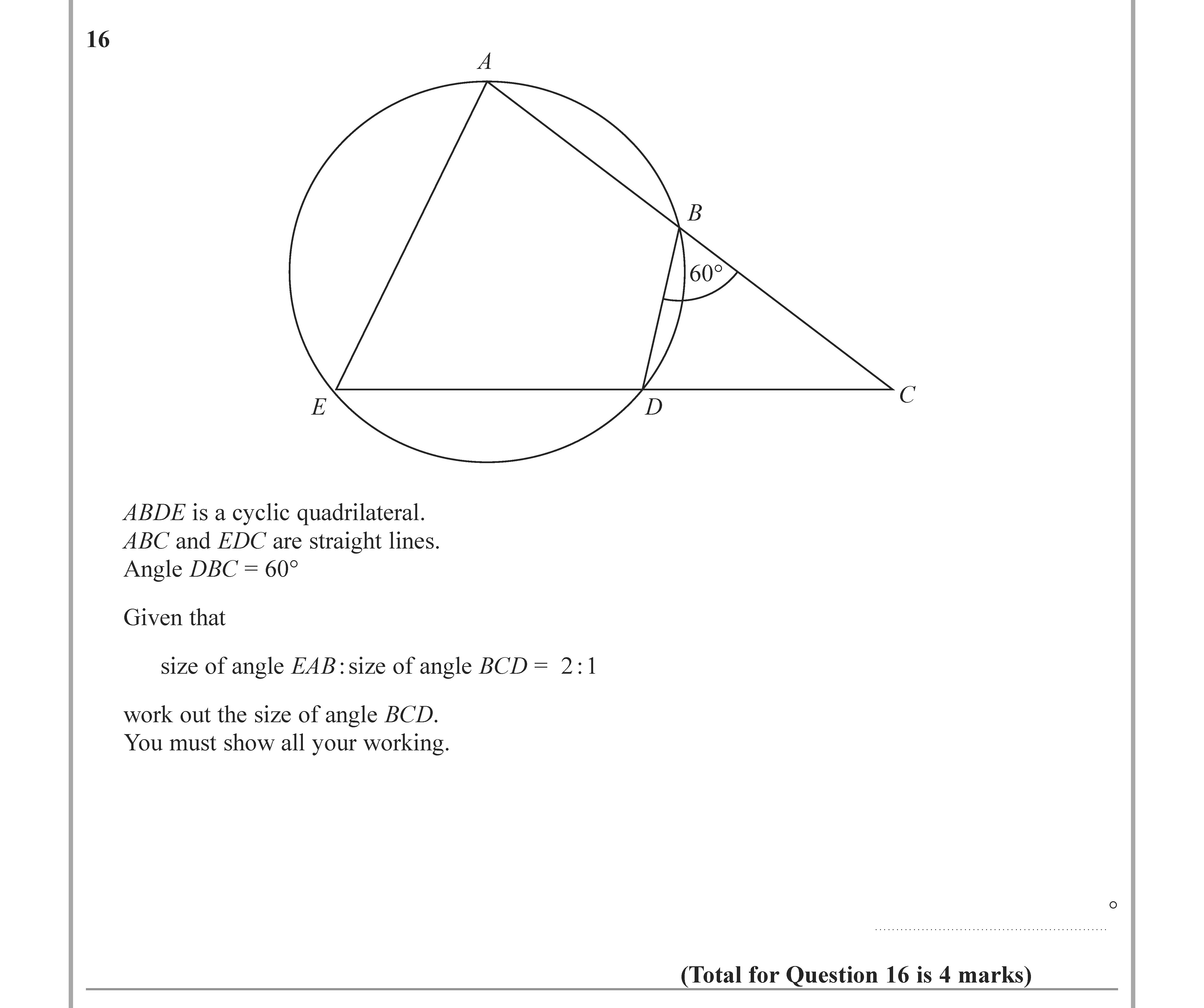 GCSE Edexcel Maths Angles in Polygons & Parallel Lines: ABDE is a cyclic quadrilateral.