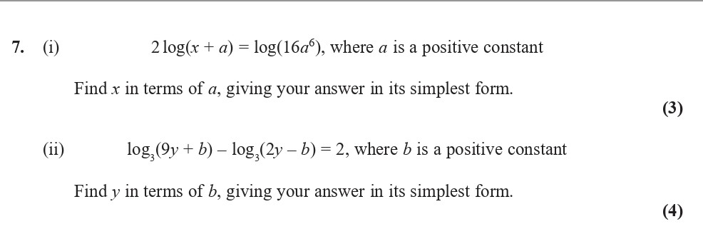 A-Level Edexcel Maths Pure Quadratics: 2 log(x + a) = log(16a^6), where