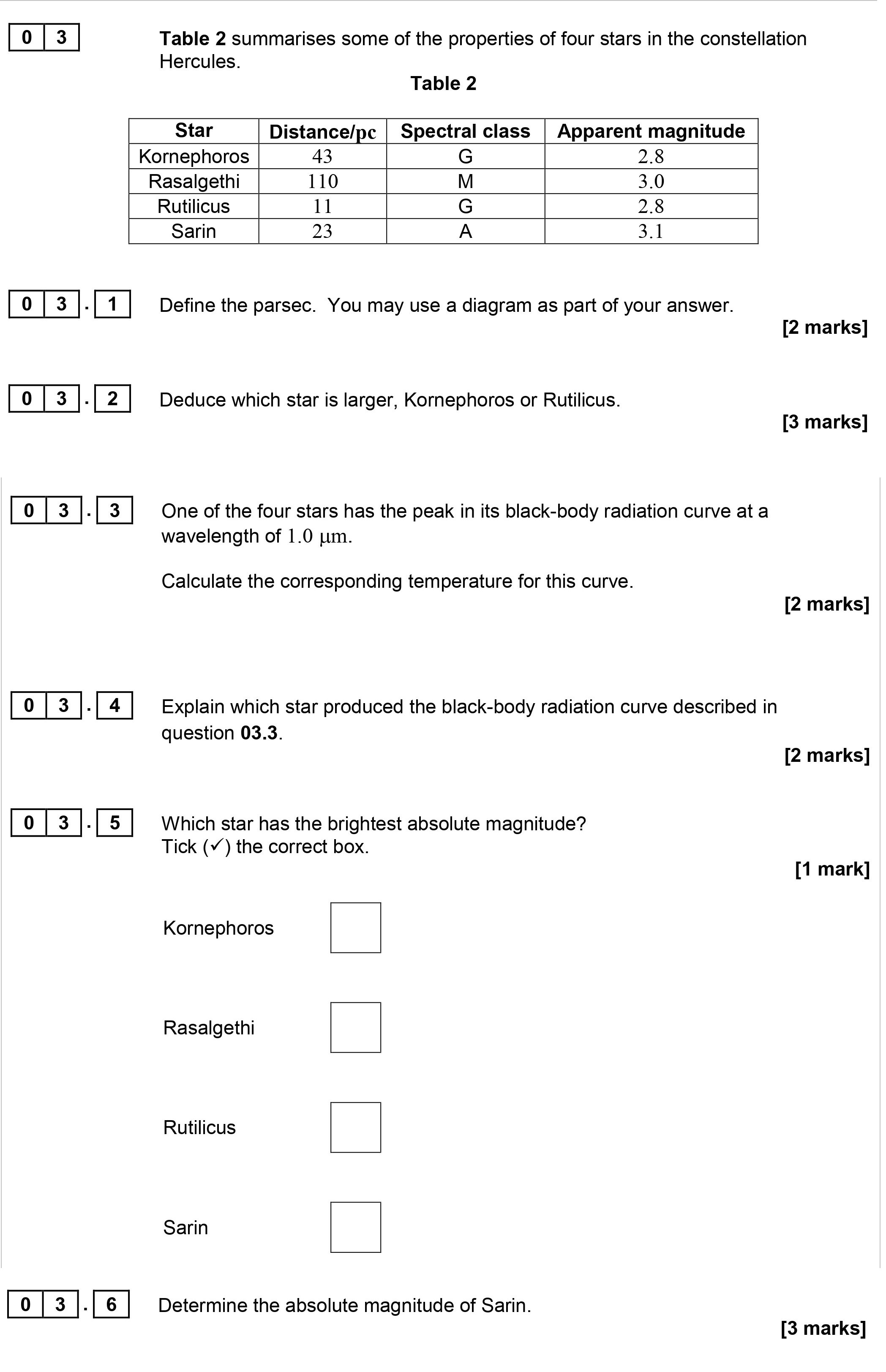 A-Level AQA Physics Classification of Stars: Table 2 summarises some of ...