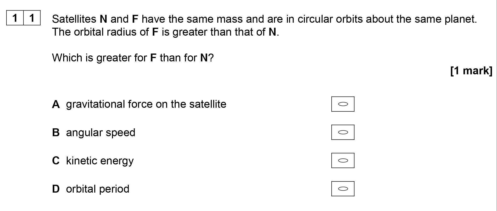 A-Level AQA Physics Gravitational Fields: Satellites N and F have the same