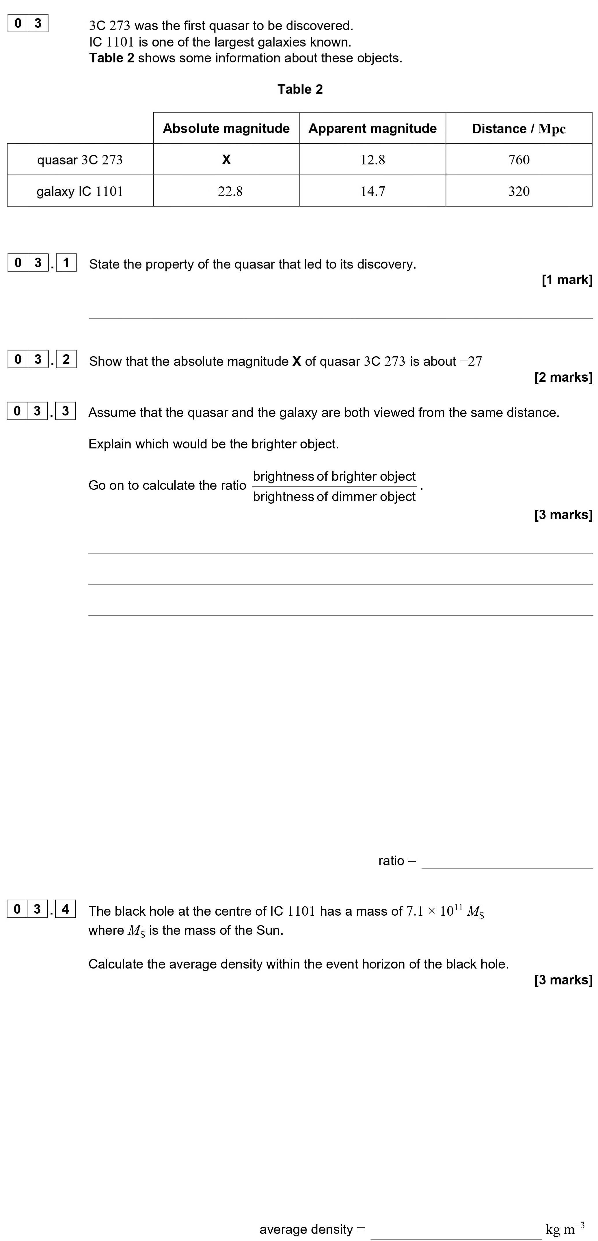 A-Level AQA Physics Classification of Stars: 3C 273 was the first ...