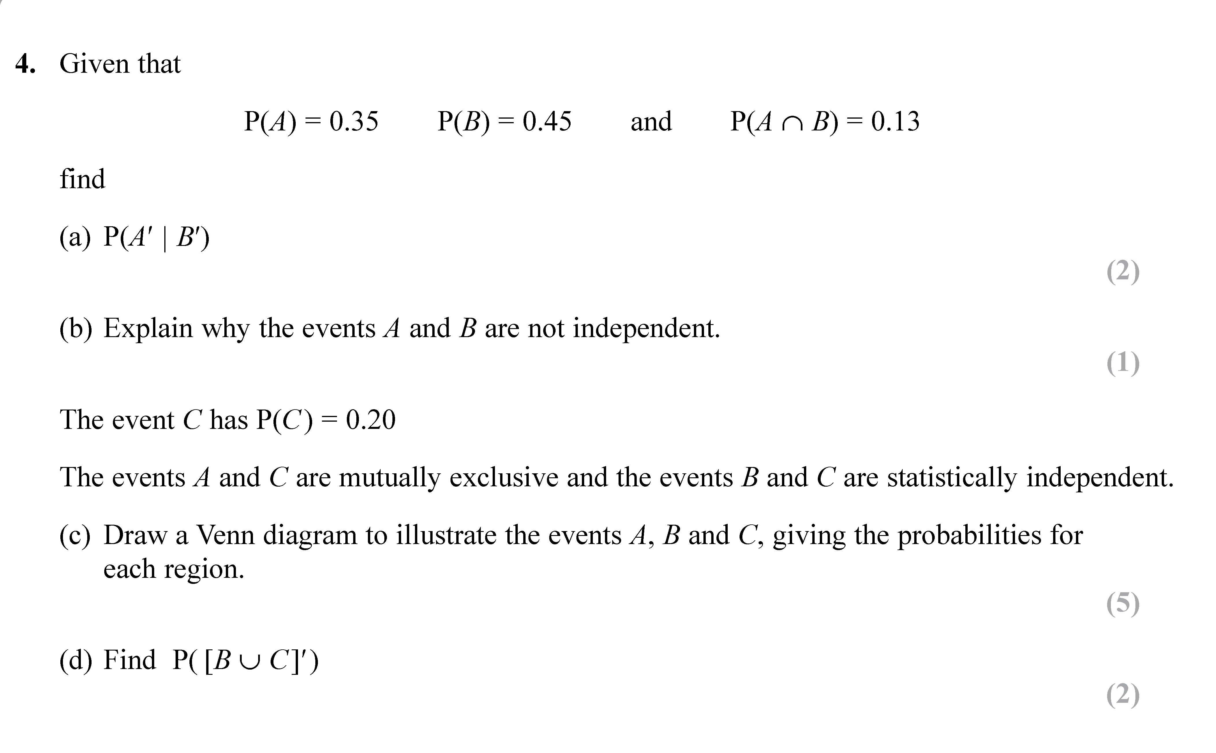 A-Level Edexcel Maths Statistics Basic Probability: Given that $$P(A) = 0.35 \quad