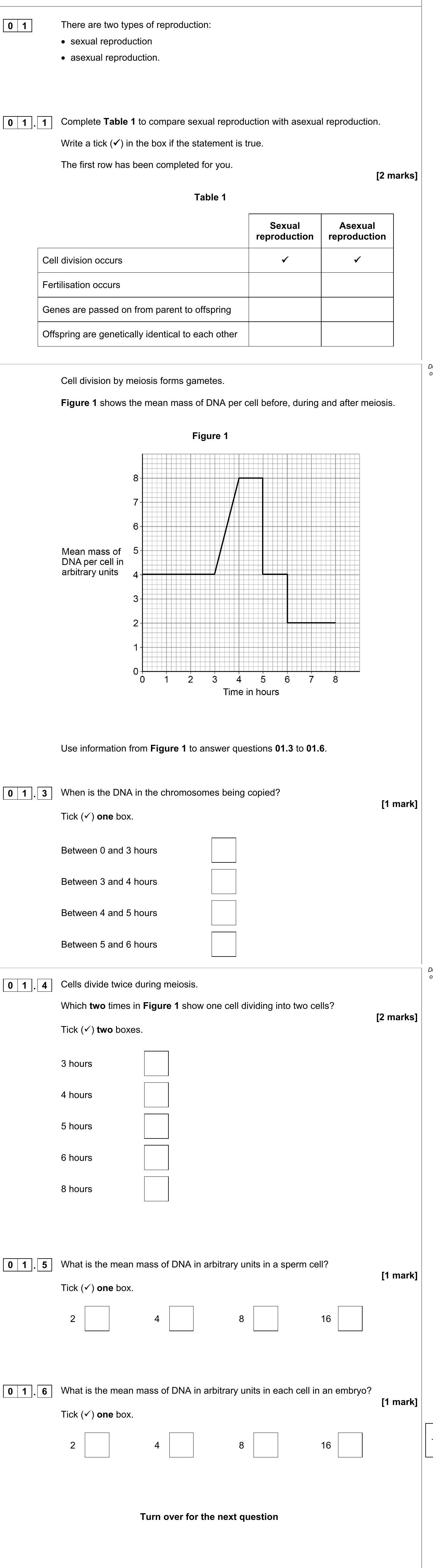 GCSE AQA Biology 6.1 Reproduction: Complete Table 1 to compare sexu
