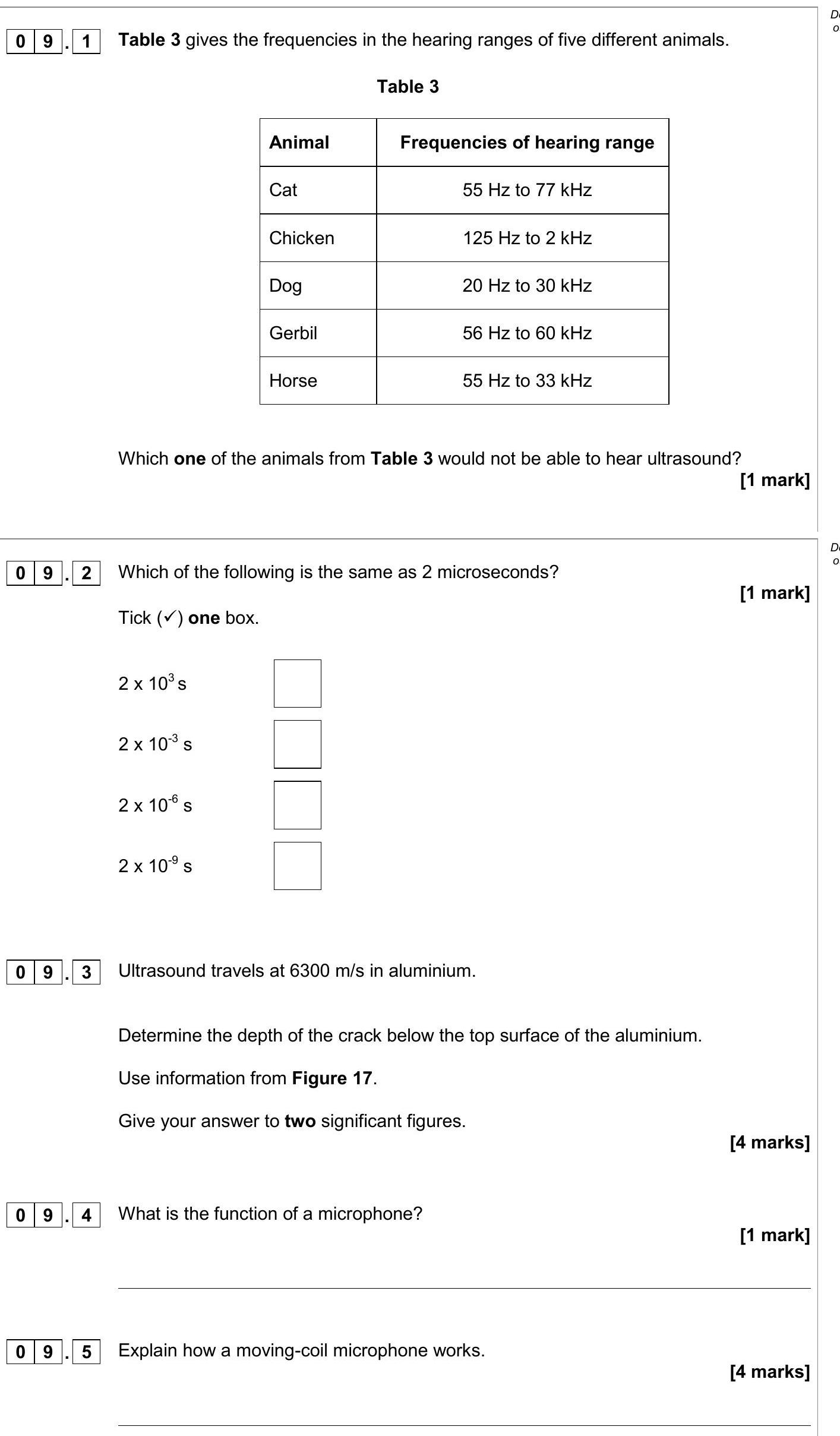 GCSE AQA Physics 6.1 Waves in Air, Fluids & Solids: Table 3 gives the frequencies in
