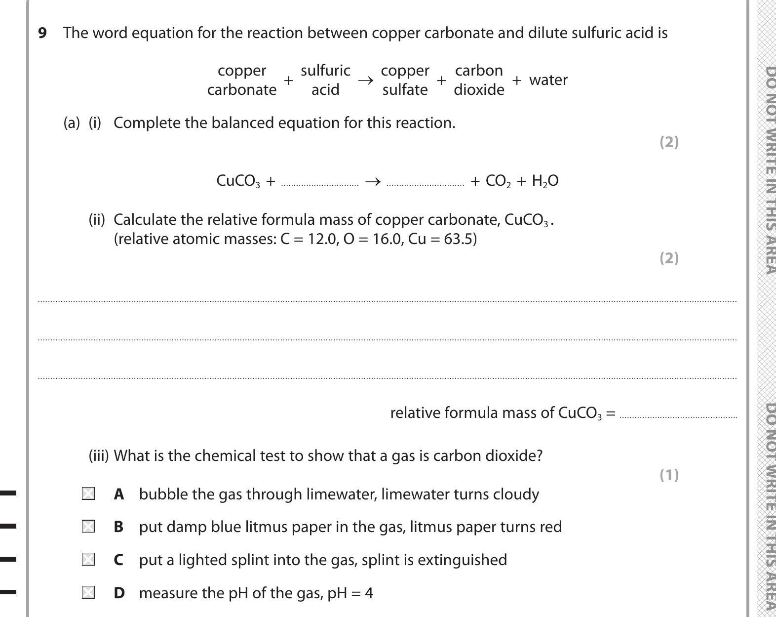 GCSE Edexcel Chemistry Identifying gases: The word equation for the reacti