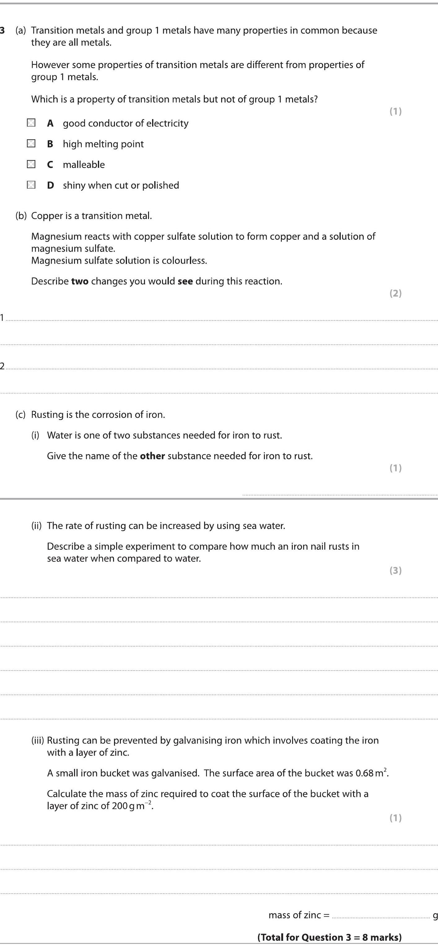 GCSE Edexcel Chemistry Typical Properties of Transition Metals: 3. (a ...