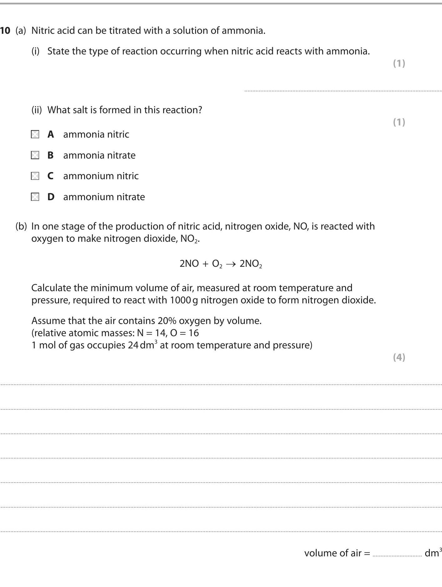 GCSE Edexcel Chemistry Calculation with gases: 10 (a) Nitric acid can ...