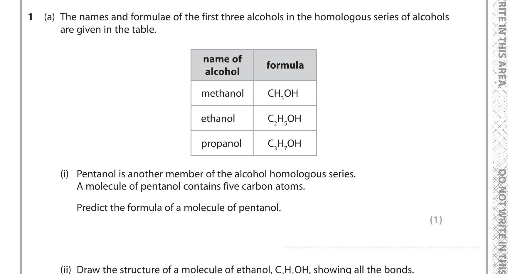 GCSE Edexcel Chemistry Alcohols: The names and formulae of the fi