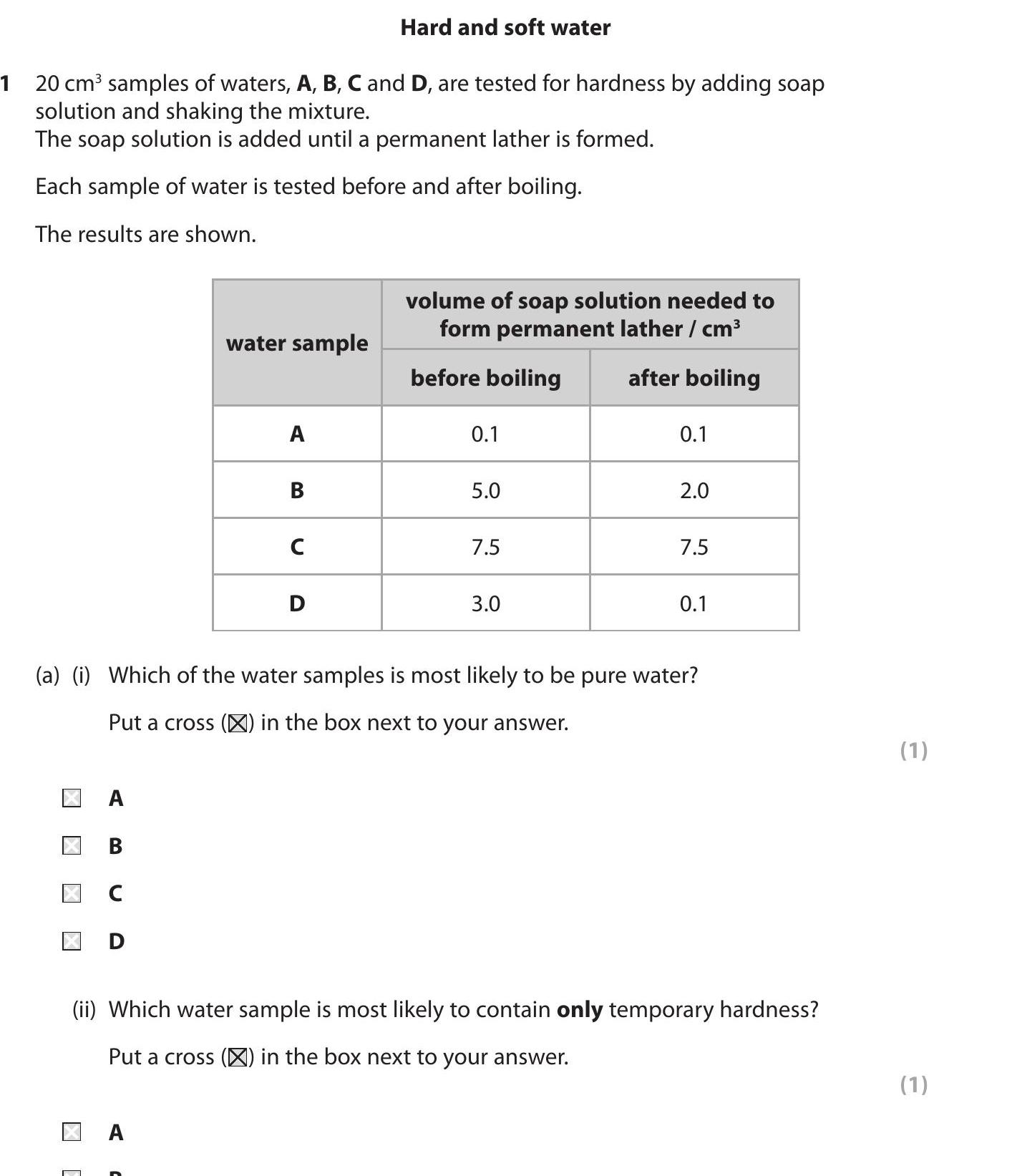 GCSE Edexcel Chemistry Water: 20 cm³ samples of waters, A, B,