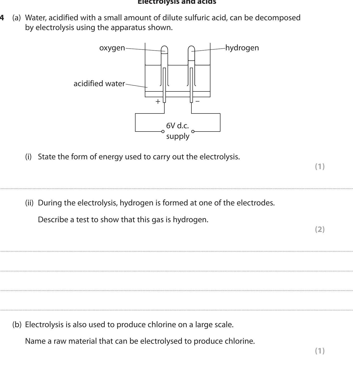 GCSE Edexcel Chemistry Identifying gases: Water, acidified with a small am