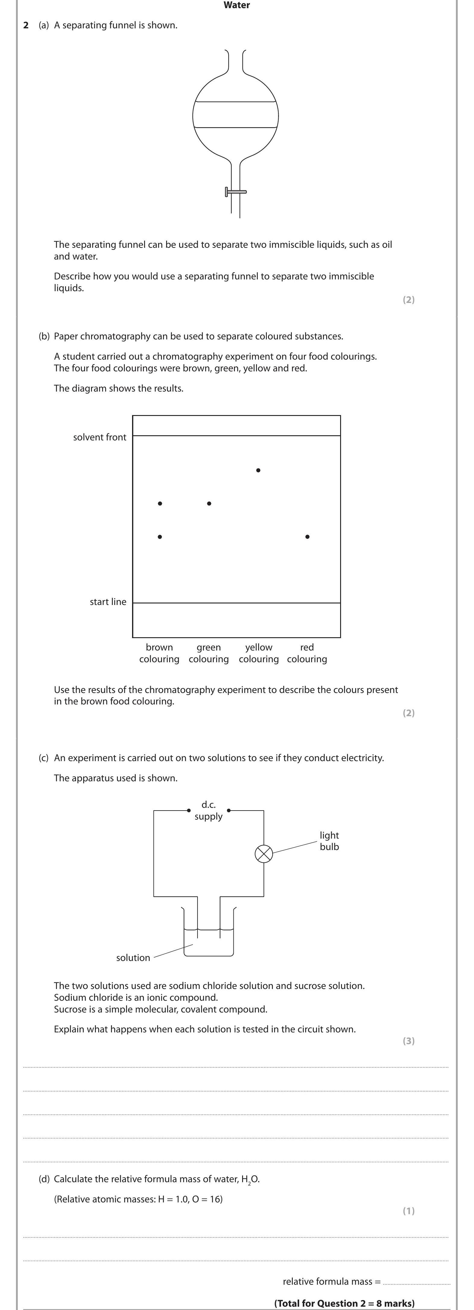 GCSE Edexcel Chemistry Chromatography: 2 (a) A separating funnel is sho