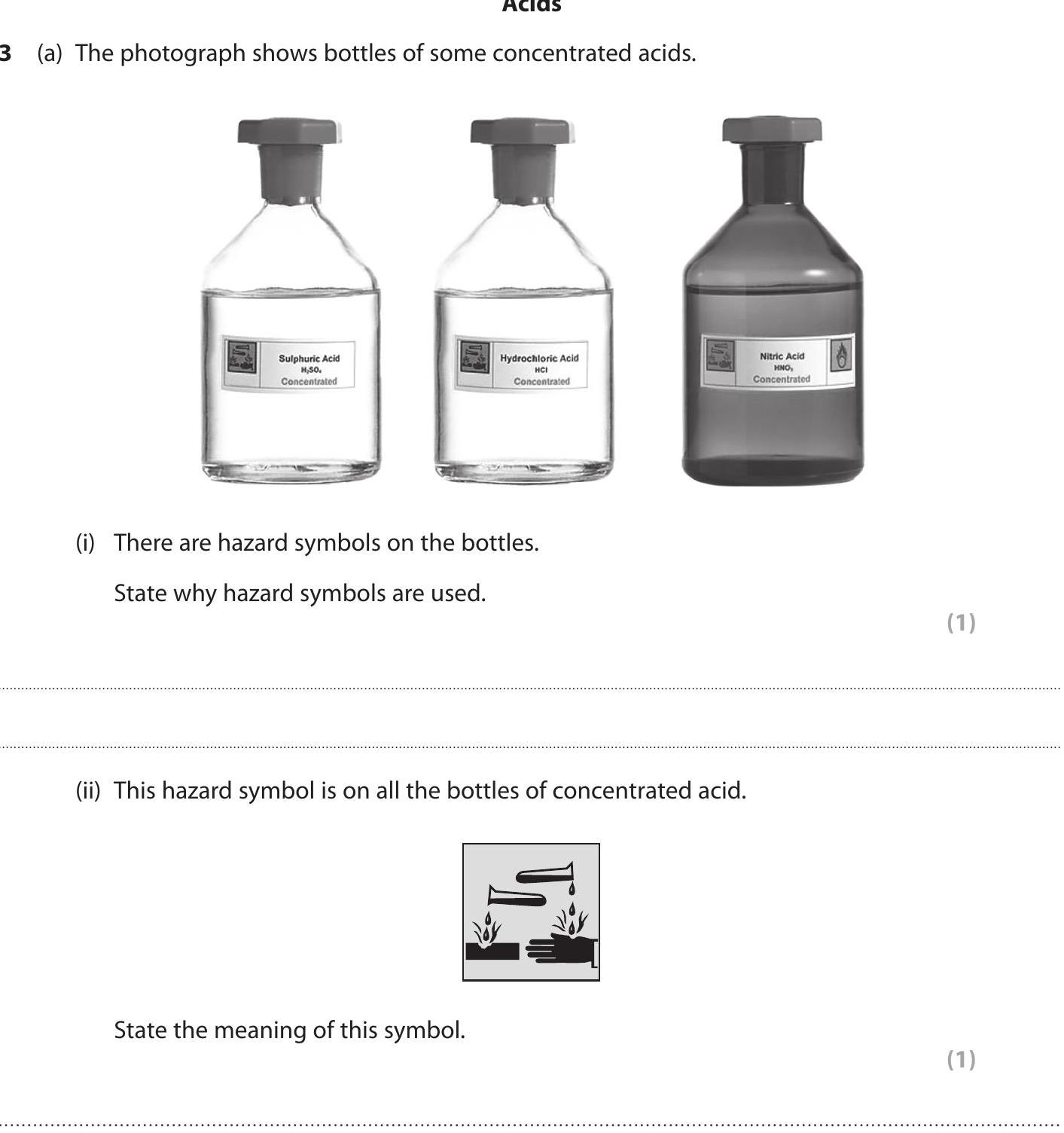 GCSE Edexcel Chemistry Strong & Weak Acids: The photograph shows bottles of