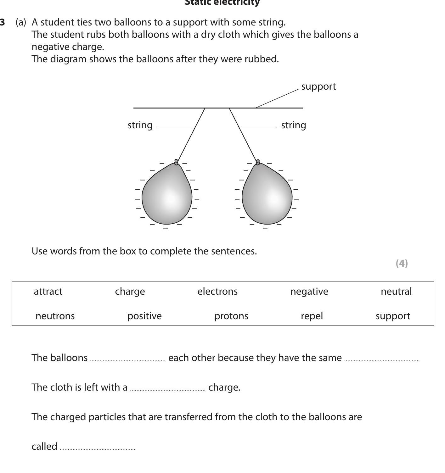 GCSE Edexcel Physics Static electricity: A student ties two balloons to a