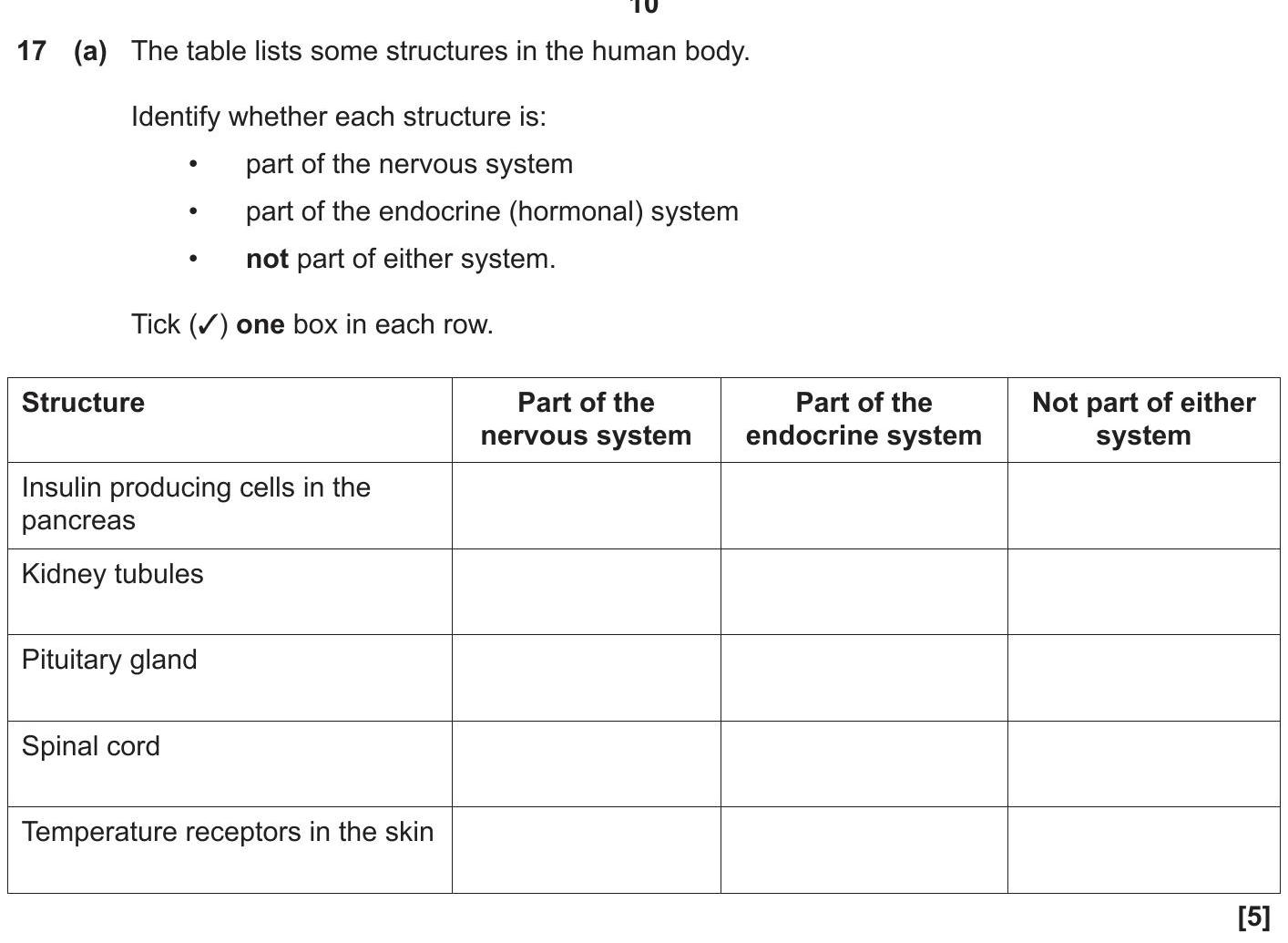 GCSE OCR Gateway Biology Cell Structure: The table lists some structures