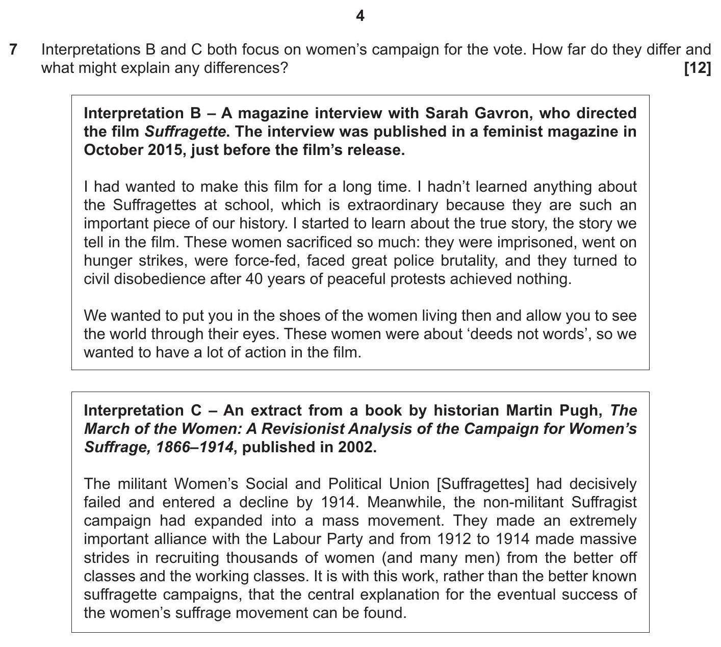 GCSE OCR Gateway History Daily lives: Interpretations B and C both foc