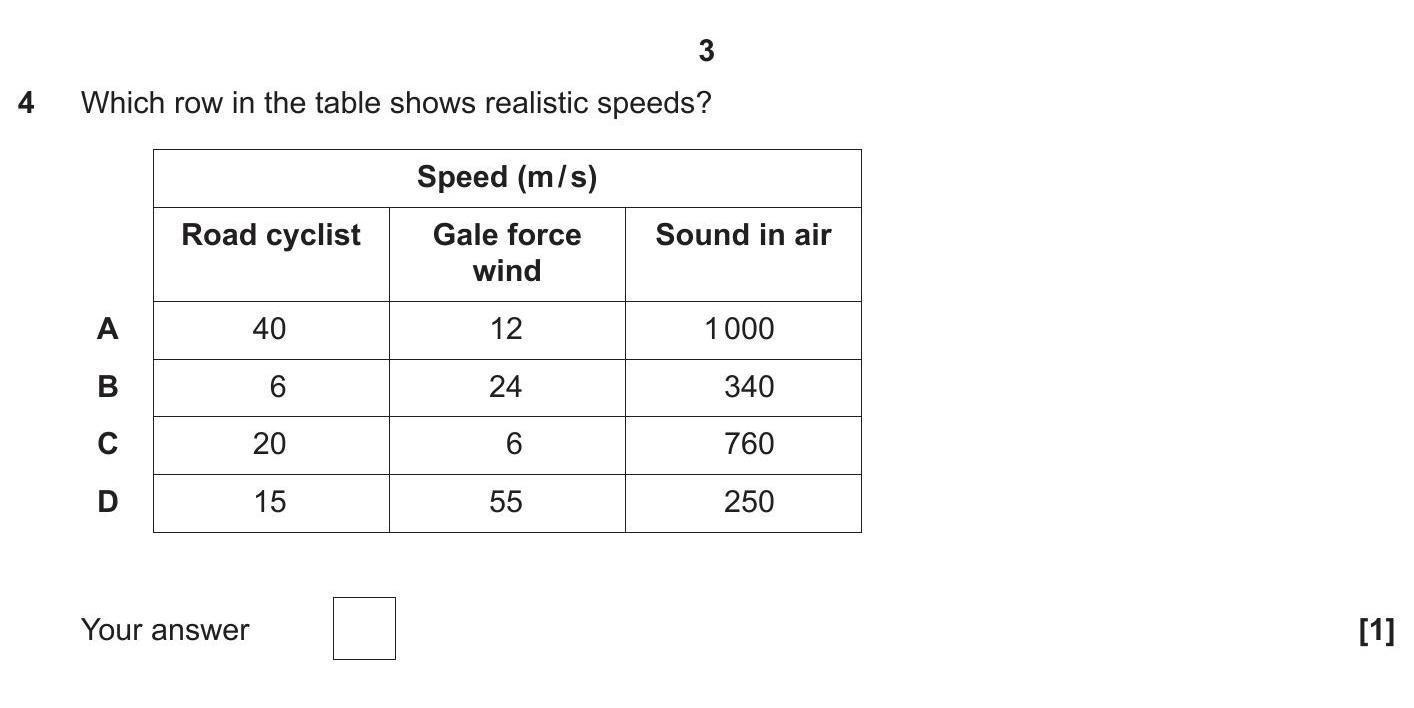GCSE OCR Gateway Physics Describing Motion: Which row in the table ...