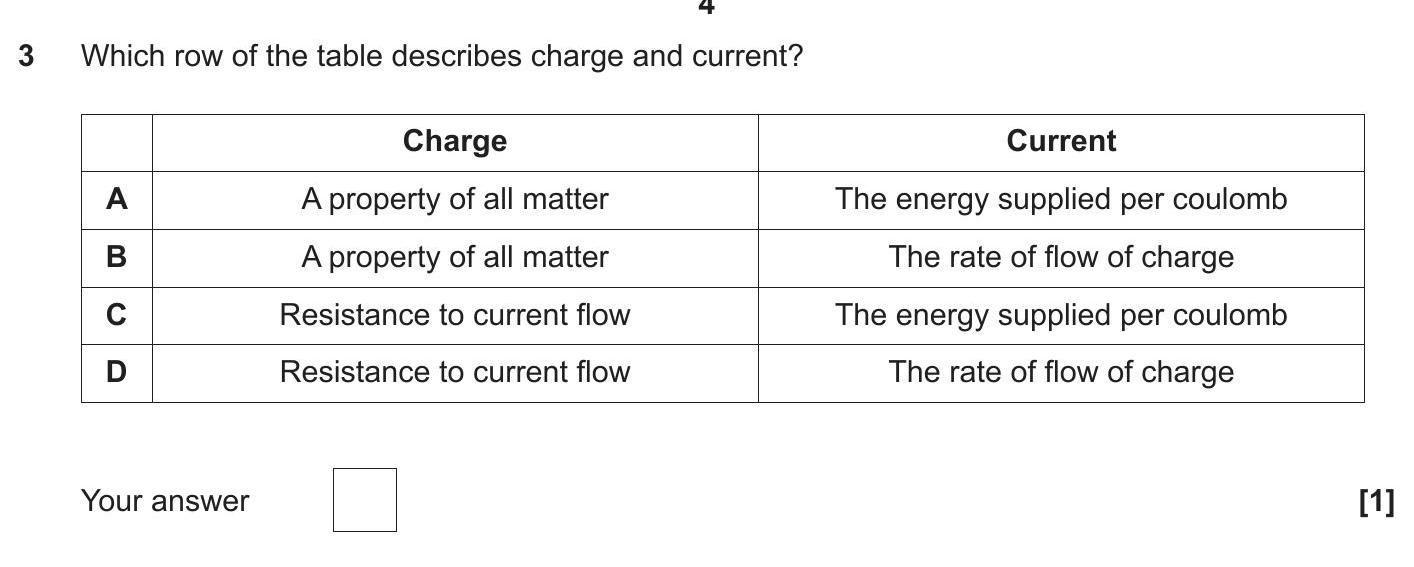 GCSE OCR Gateway Physics Combined Science Current, Potential Difference & Resistance: Which row ...