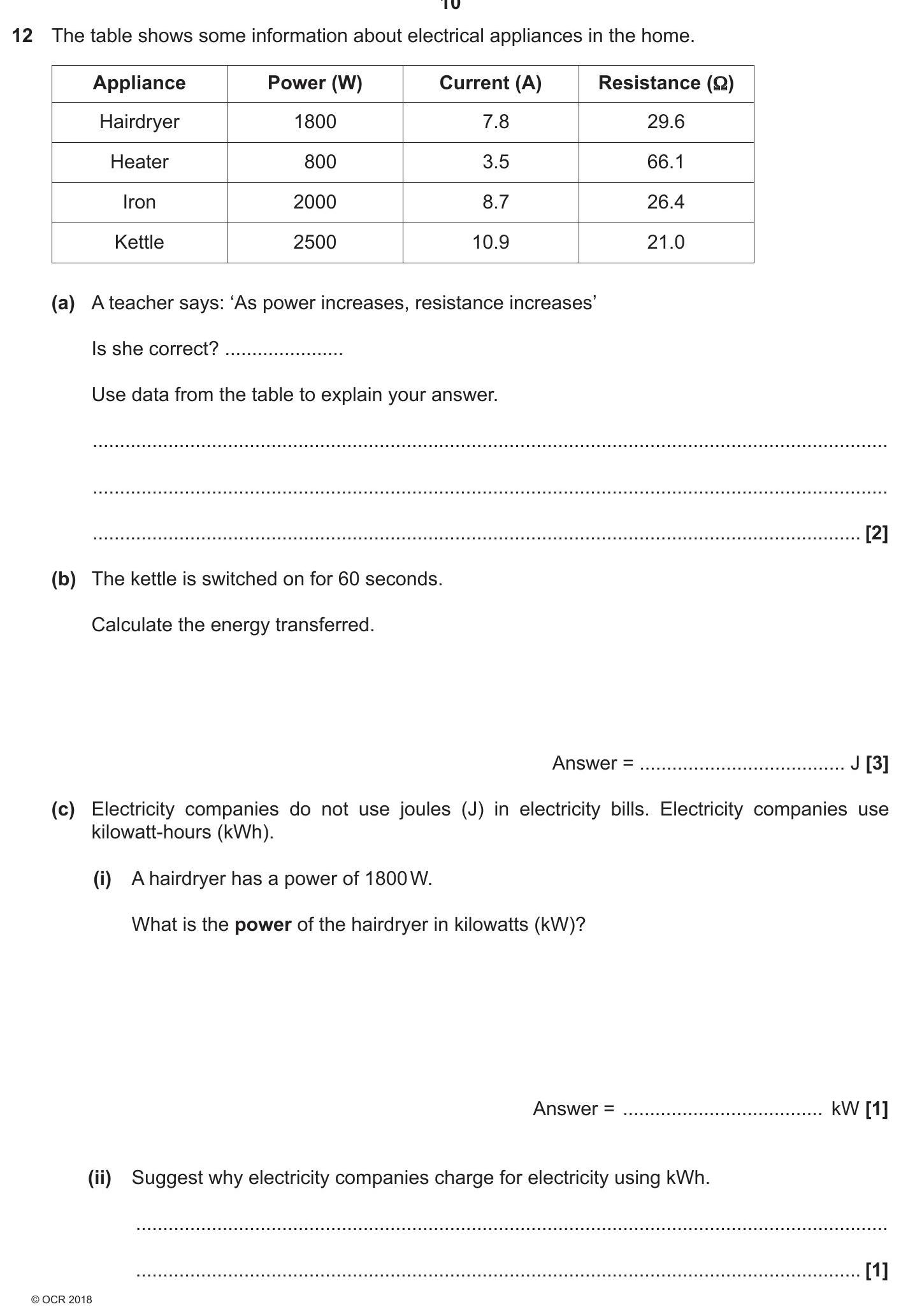 GCSE OCR Gateway Physics Combined Science 2.3 Energy Transfers: The table shows some information
