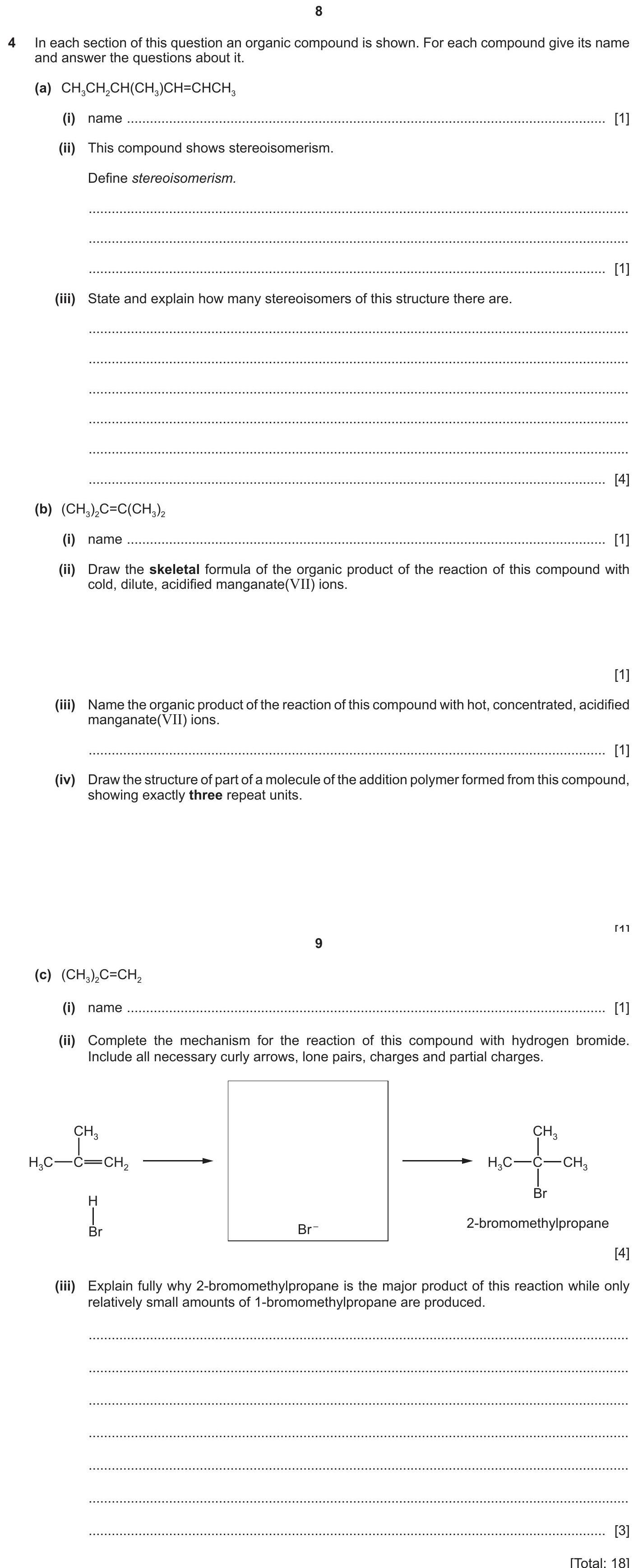 A-Level CIE Chemistry 3.4 Alkenes: In each section of this question