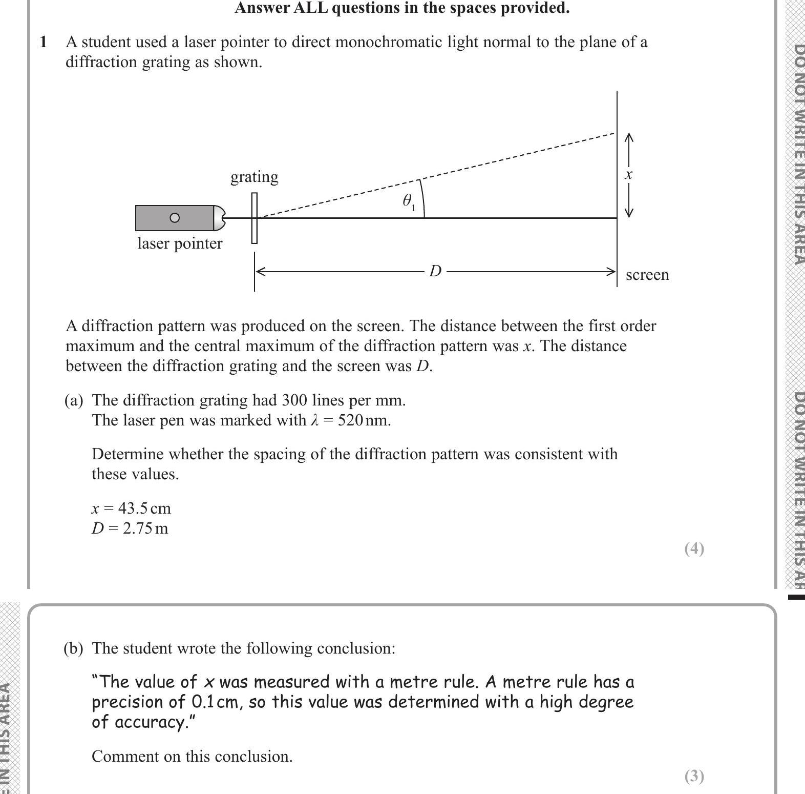 A-Level Edexcel Physics Refraction, diffraction and interference: A student used a laser pointer t